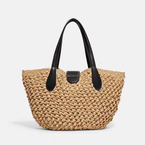 Coach | Bags | Coach Woven Straw Tote W Pouch Nwt Black Leather Handles ...